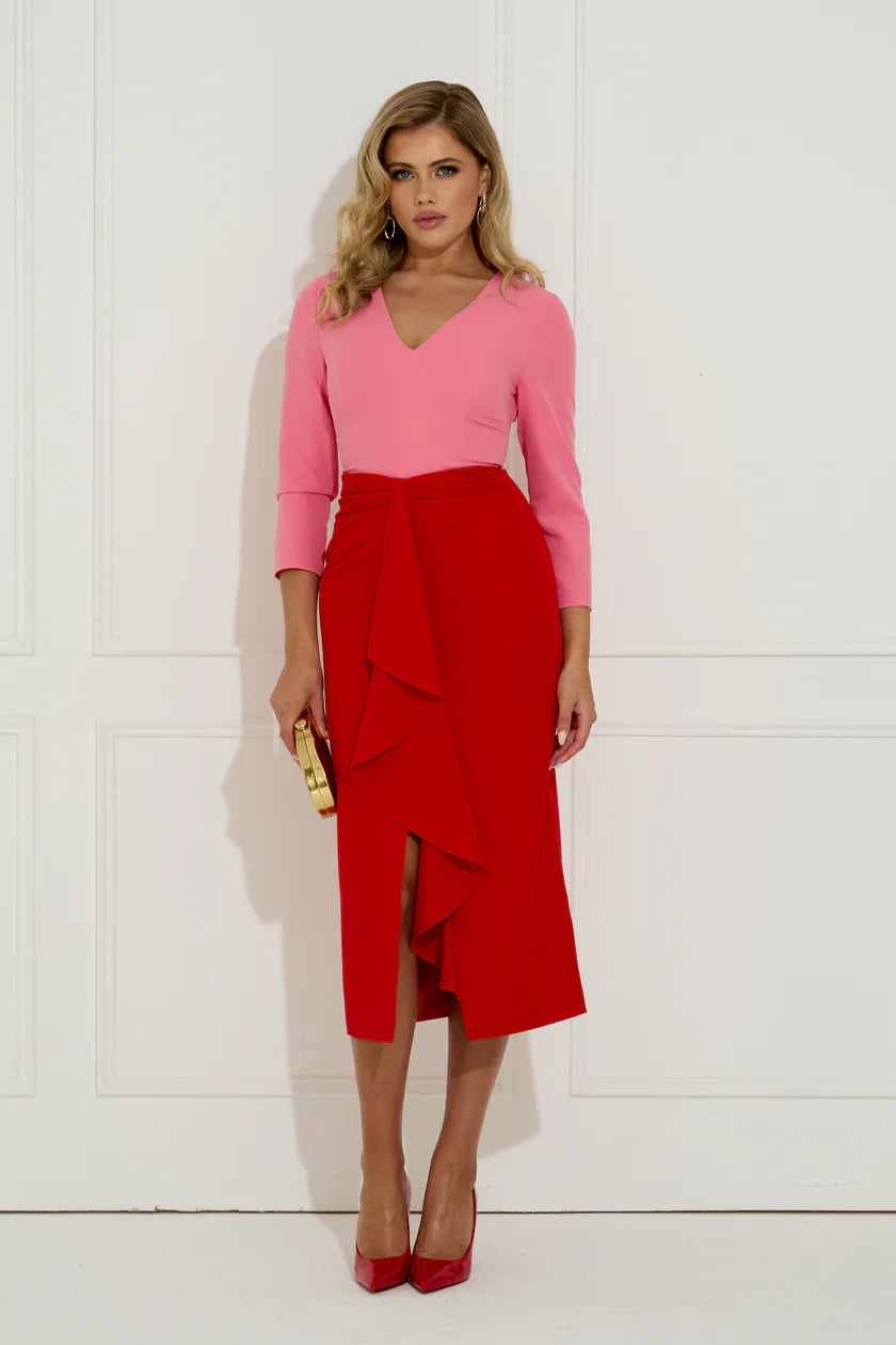 Carmen Frill Midi Dress (Red/Pink) | Love Cherish |Dress